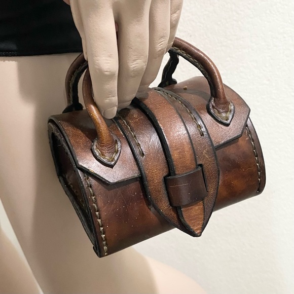 Bags | Vintage Handmade Tooled Leather Mini Doctors Bag Brown Top ...